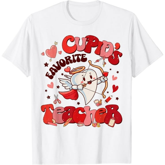 Cupid's Favorite Teacher Retro Valentine's Day Student Women T-Shirt ...