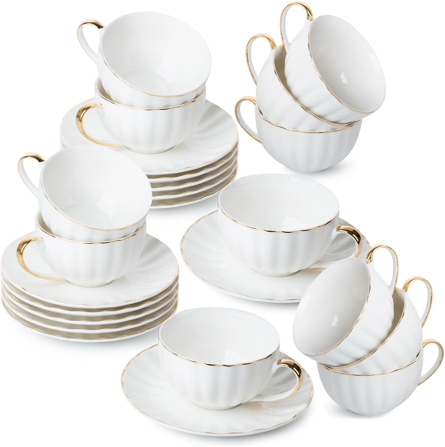 White teacup and saucer set of 6 (7 oz), porcelain white teacup set ...