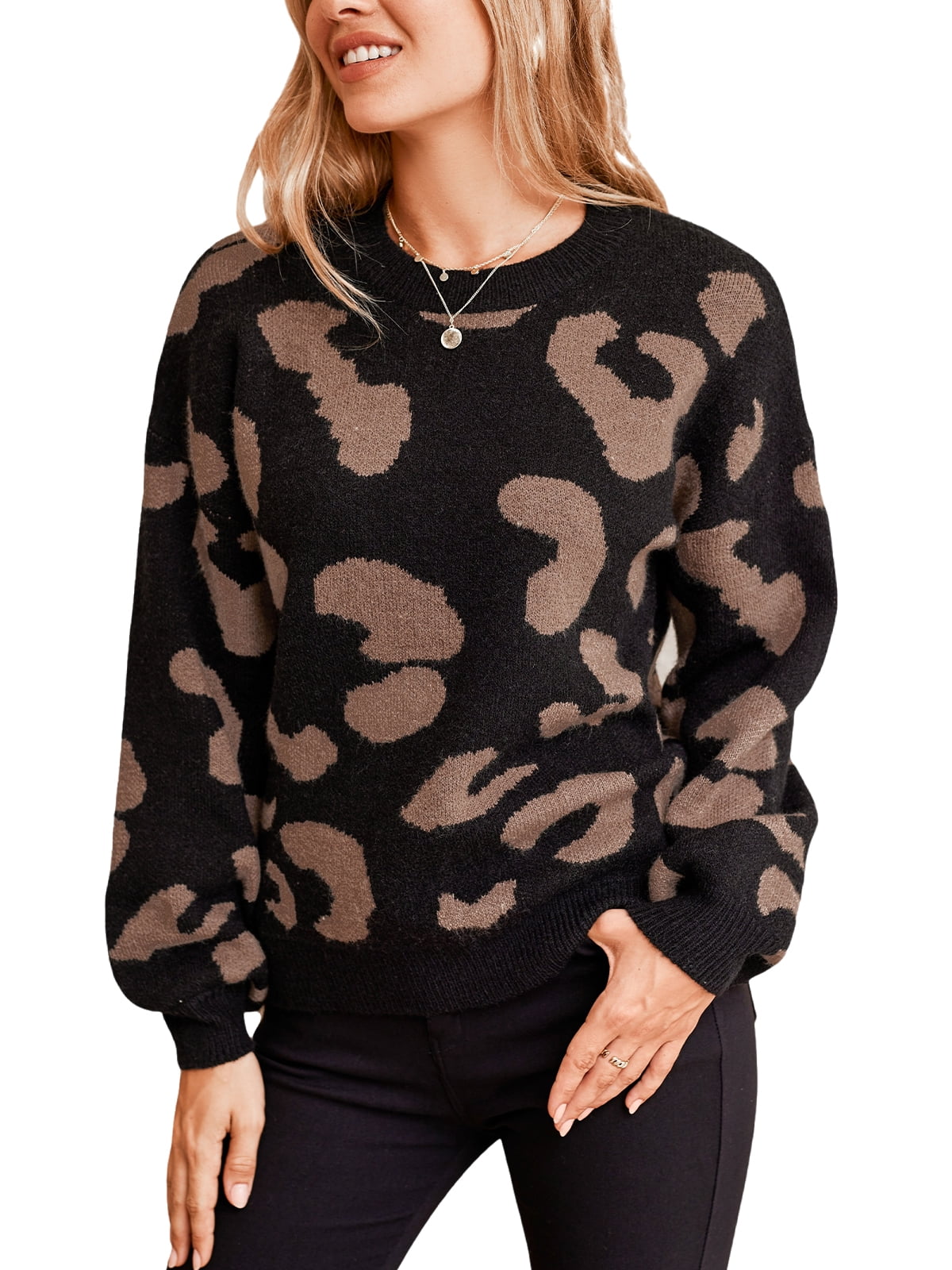 Cupshe Knitwear Animal-Leopard Sweater for Women Round Neck Banded Trim ...