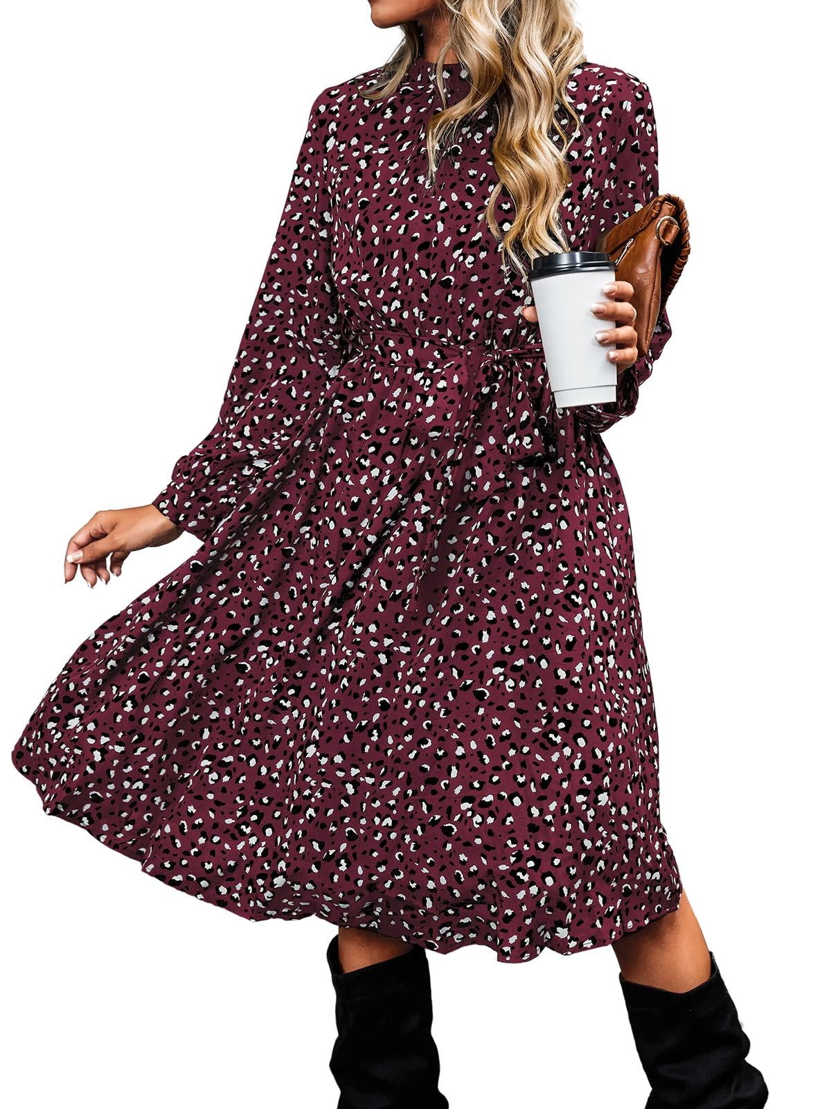 Cupshe Women's A Line Midi Dress Flowy Swing Speckled Print Long Sleeve ...