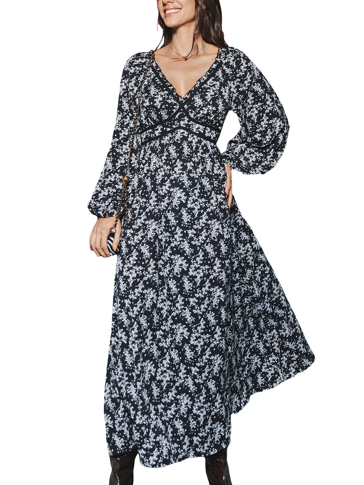 Cupshe Women's Black Ditsy V-Neck Puff Sleeve Maxi Dress, Sizes S-XL ...