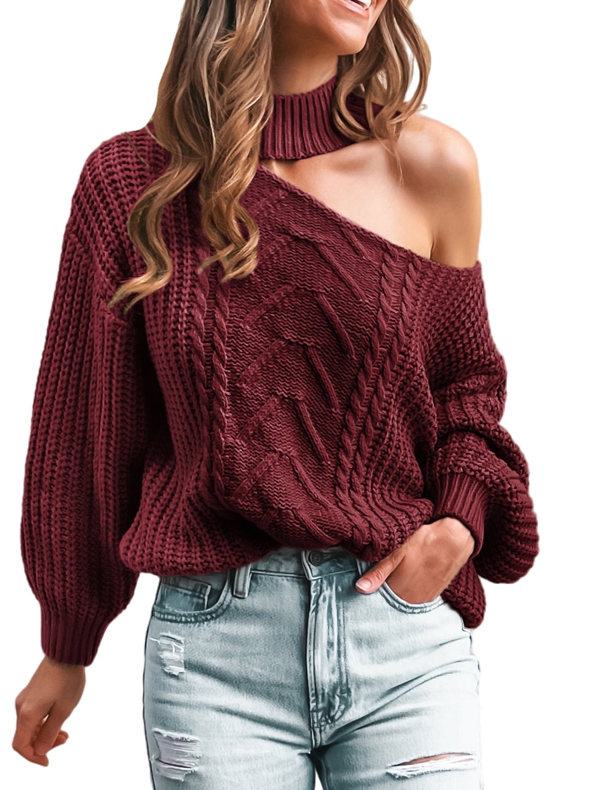 Cupshe Women's Cable Knit One Shoulder Pullover Sweater Mock Neck Cutout Drop Long Sleeve Causal ...