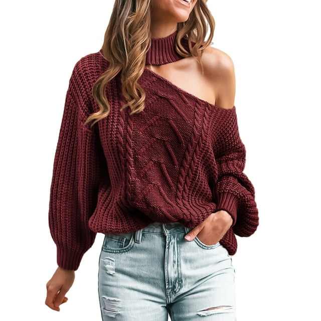 Cupshe Women's Cable Knit One Shoulder Pullover Sweater Mock Neck ...