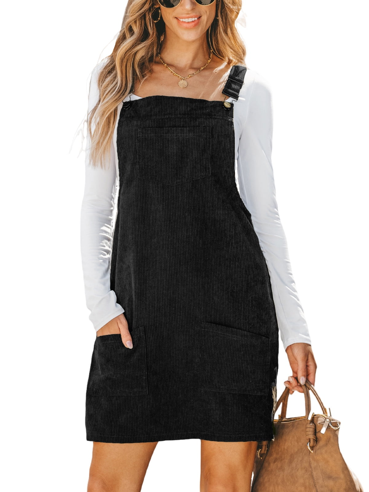 Cupshe Women's Corduroy Front Pockets Square Neck Mini Pinafore Dress ...