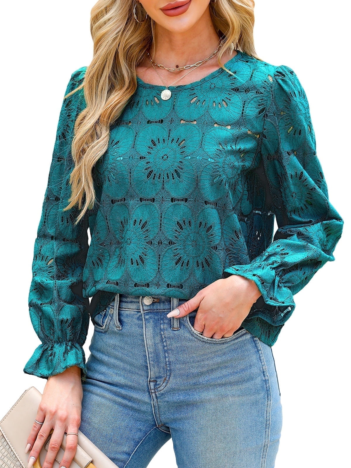 Cupshe Women's Eyelet Long Sleeve Tops Shirts Hollow Out Crochet Lace ...