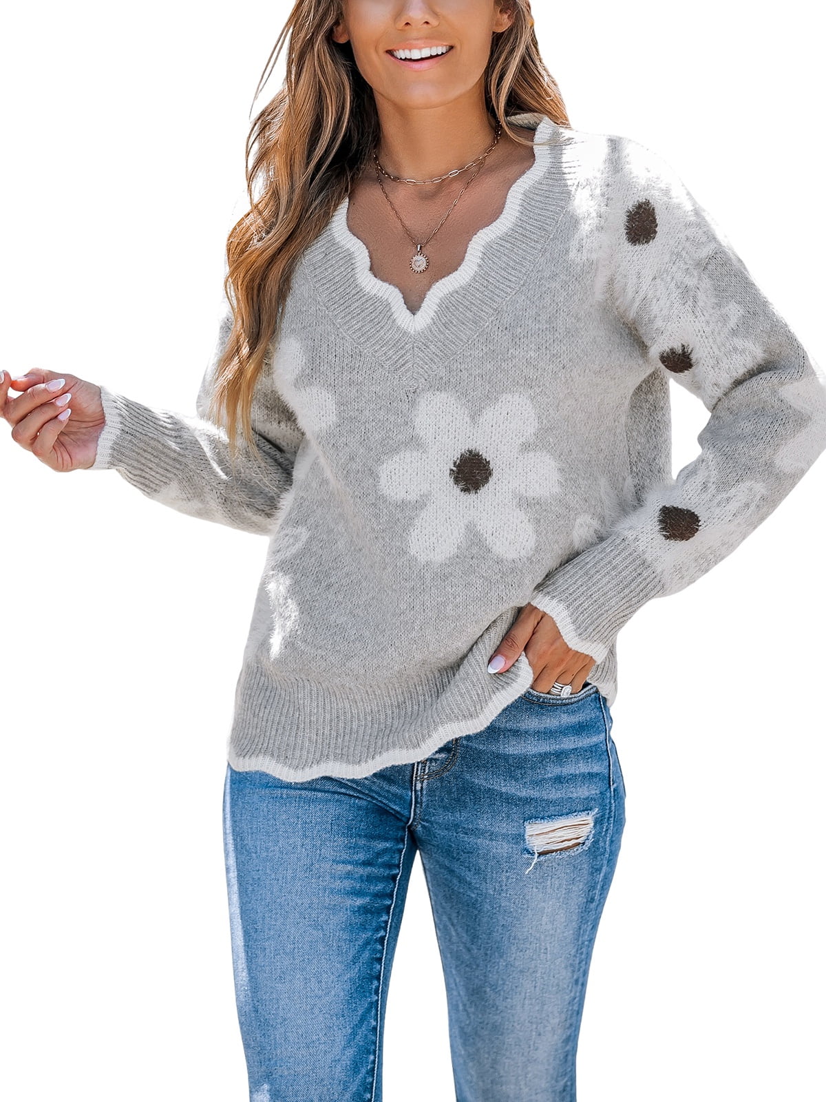Cupshe Women's Grey Knit Daisy Scalloped Sweater, Size S-XL - Walmart.com