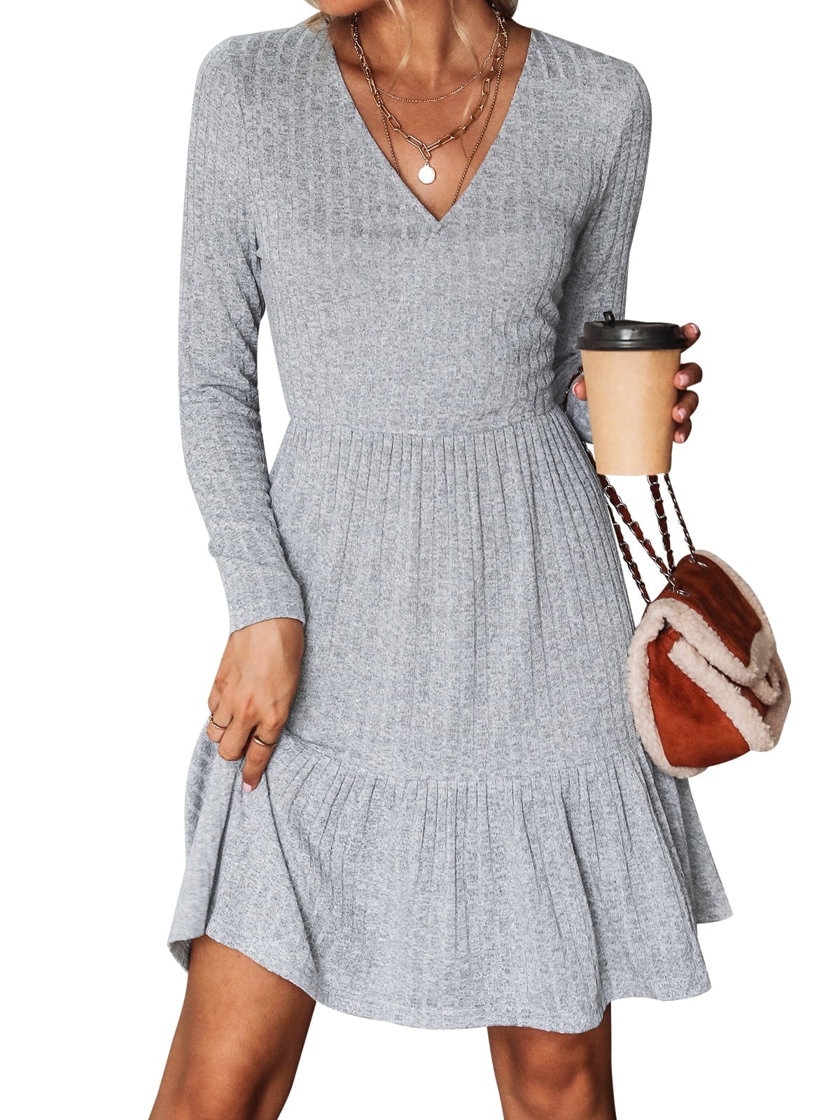 Cupshe Women's Long Sleeve Heathered V-Neck Grey Mini Dress, Sizes XS ...