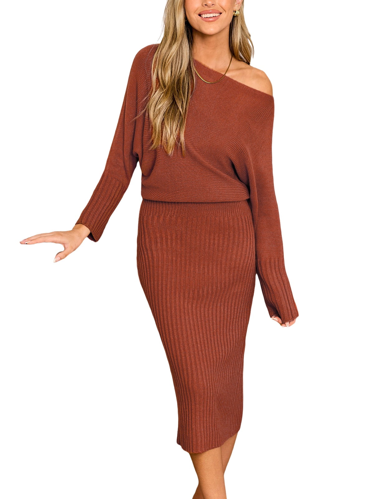 Cupshe Women's Orange Off-Shoulder Dolman Sleeve Midi Sweater Dress ...