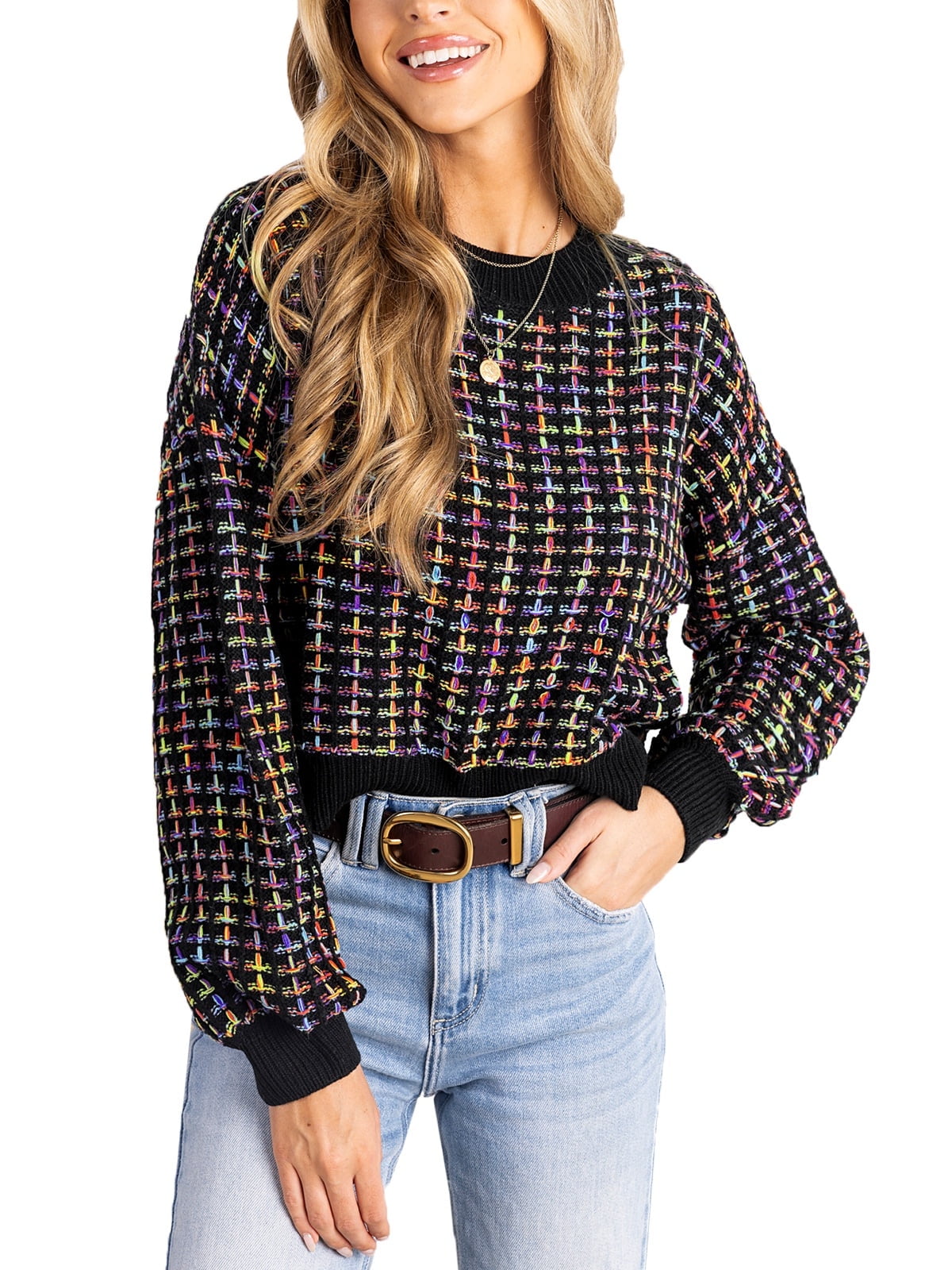 Cupshe Women's Rainbow Stitching Drop Sleeve Semi-cropped Sweater Top ...