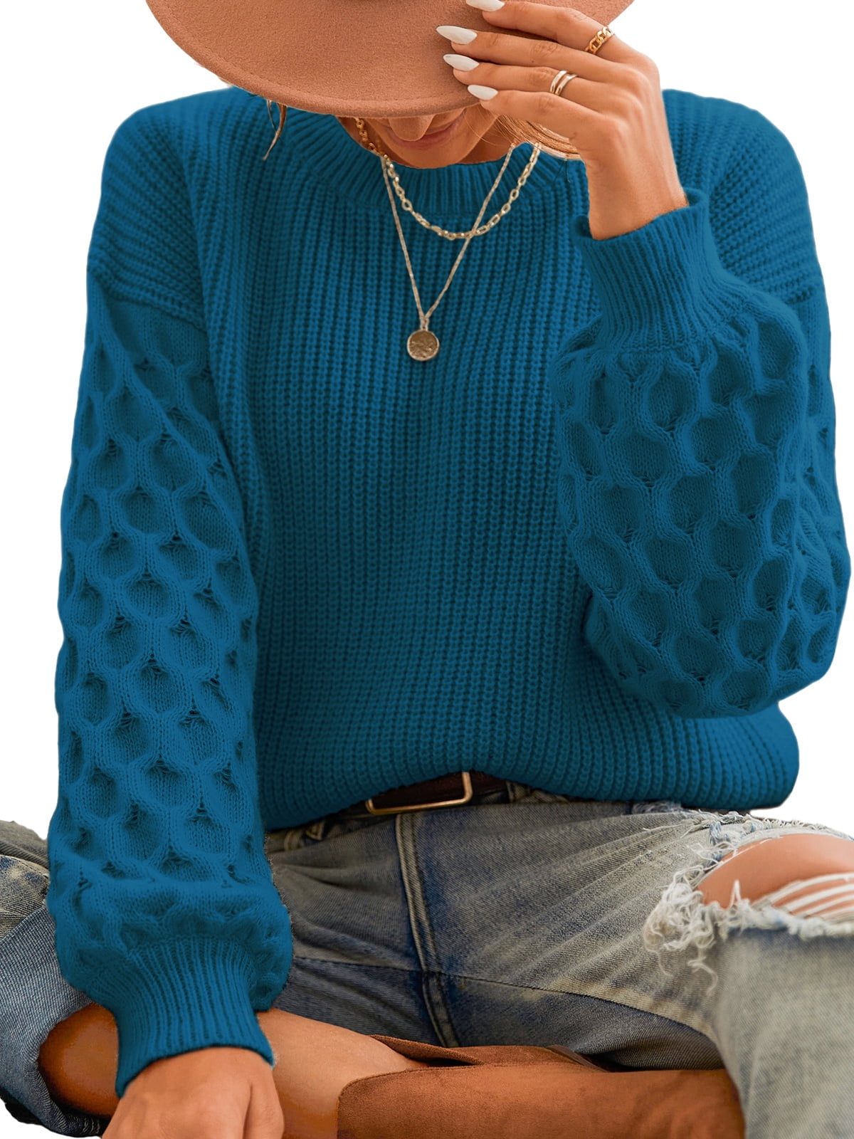 Cupshe Women's Sweater Long Sleeve Crewneck Sweaters Cable Knit Tops ...