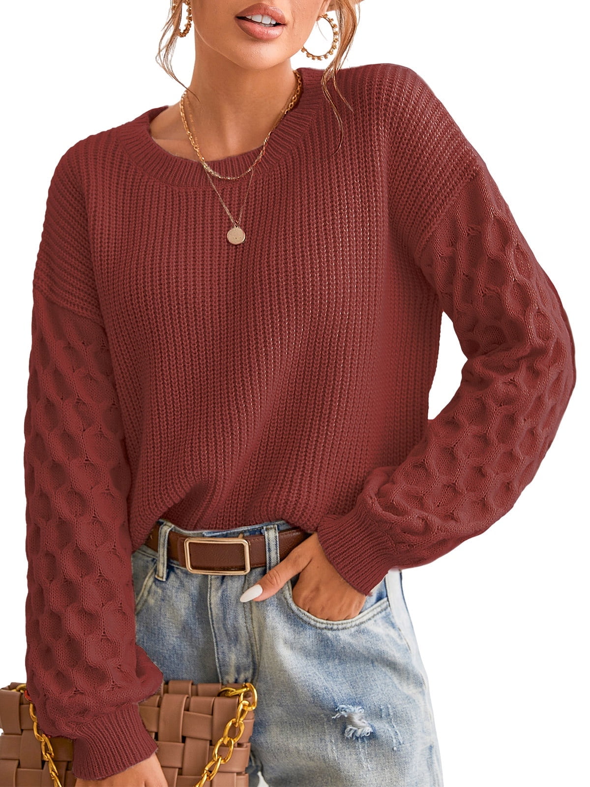 Cupshe Women's Sweater Long Sleeve Crewneck Sweaters Cable Knit Tops ...