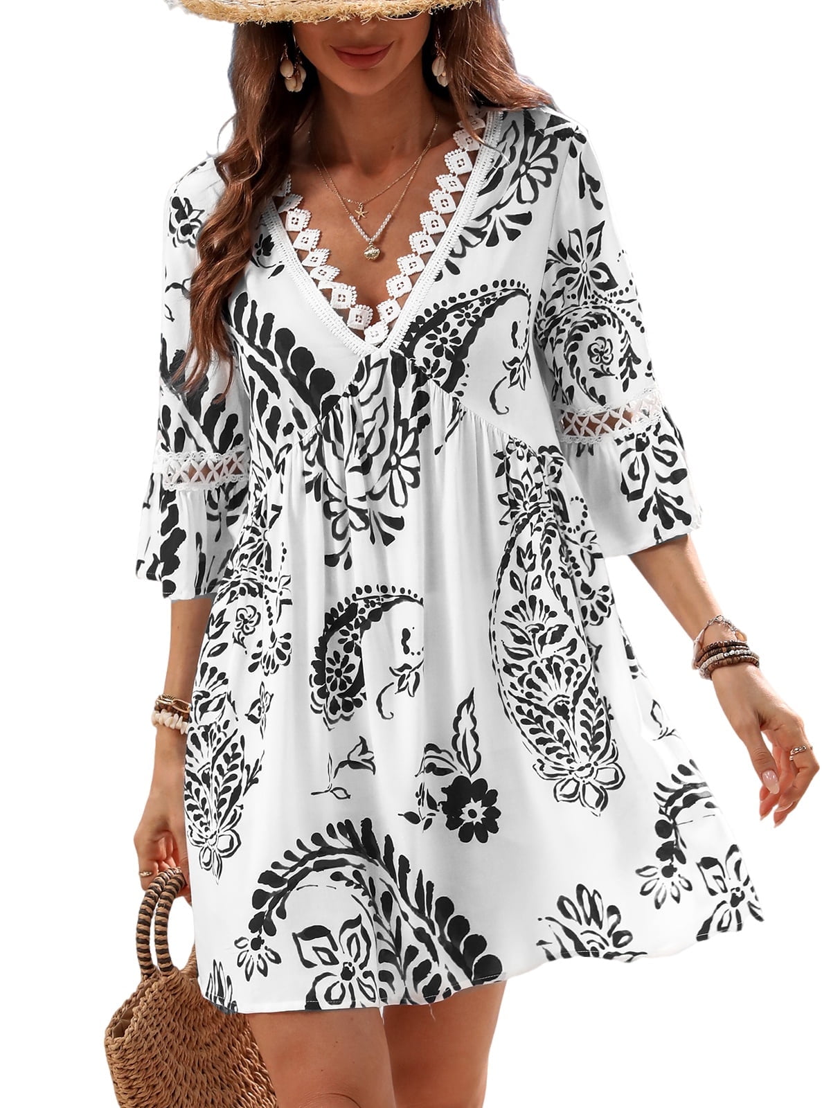 Cupshe Women's V Neck Lace Trim Mini Summer Dress Cover Up 3/4 Sleeve ...