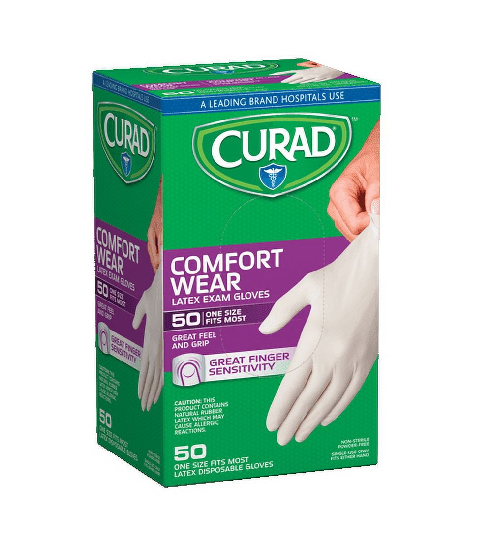 Curad Comfort Wear Latex Exam Gloves, Disposable Gloves, 50 count ...