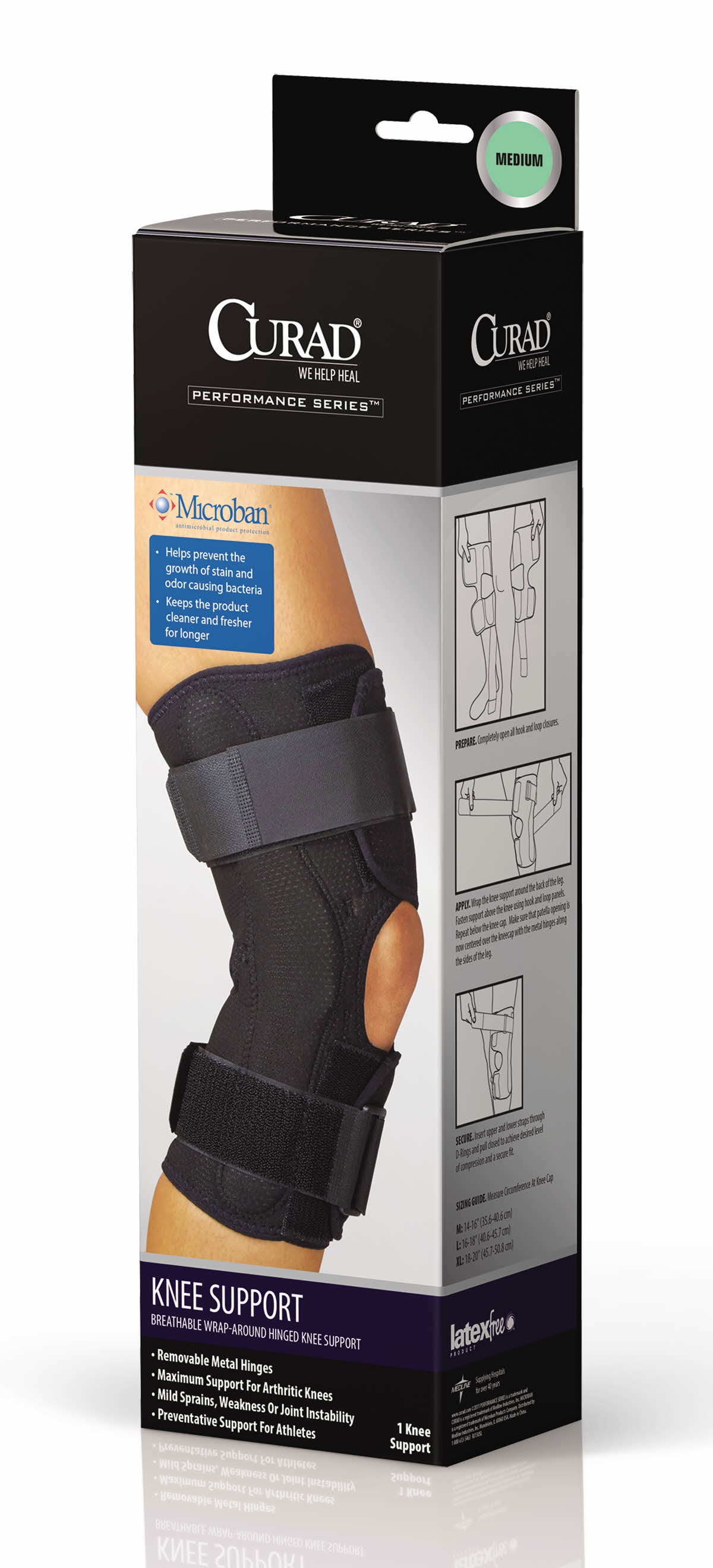 Curad Hinged Knee Support with Microban, Black, Medium HSA/FSA Eligible ...