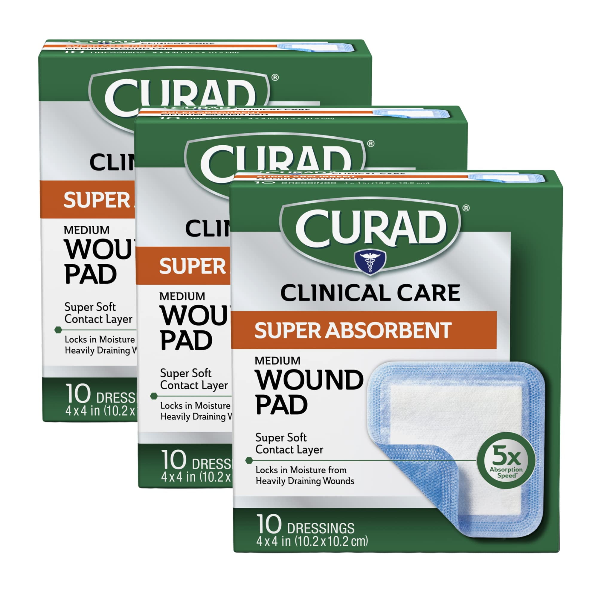Curad Super Absorbent Wound Pad, Medium, 4" x 4", 10 Count, 3 Pack ...