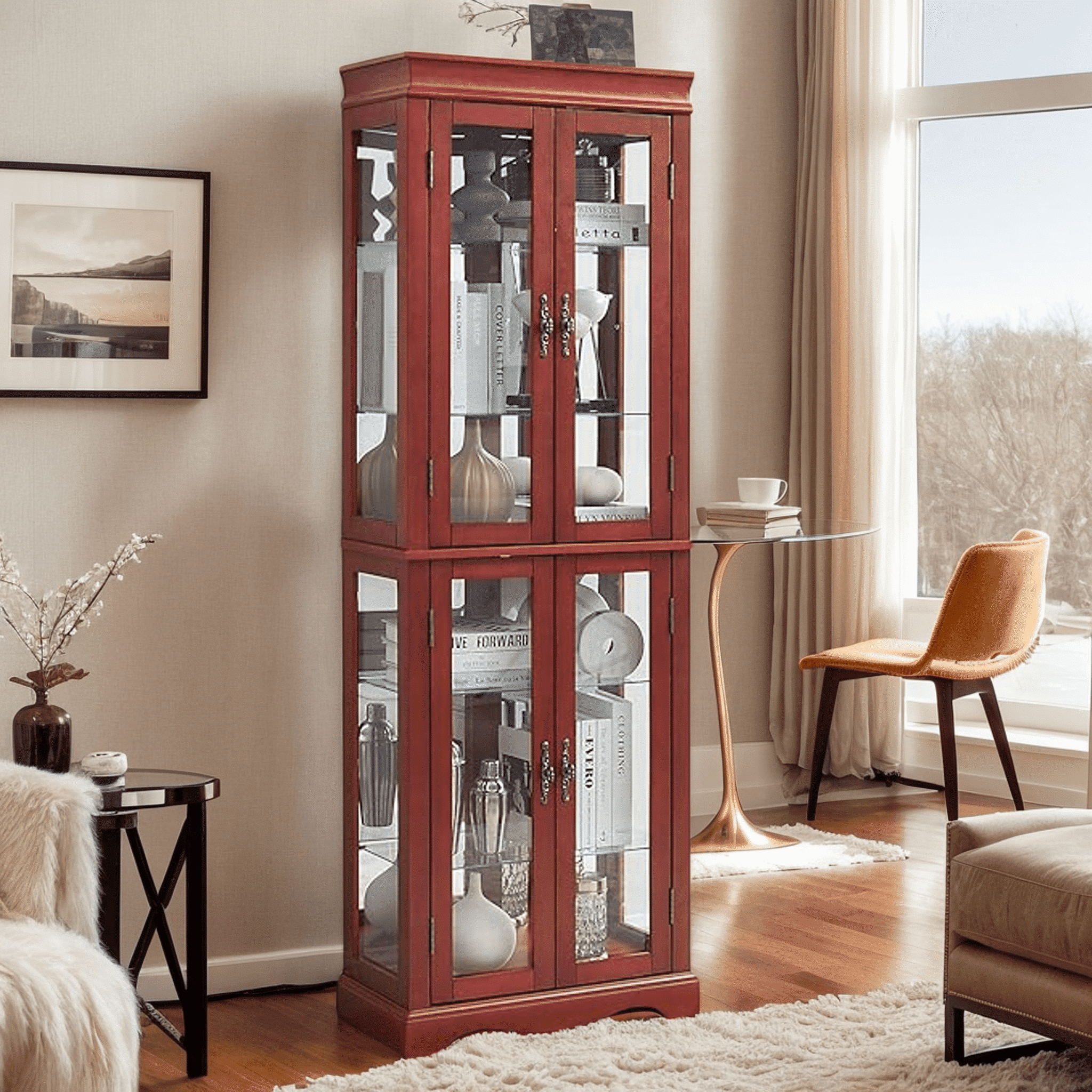 CKEASEAN Lighted Glass Display Cabinet, 71"H Wooden Curio Cabinet with ...