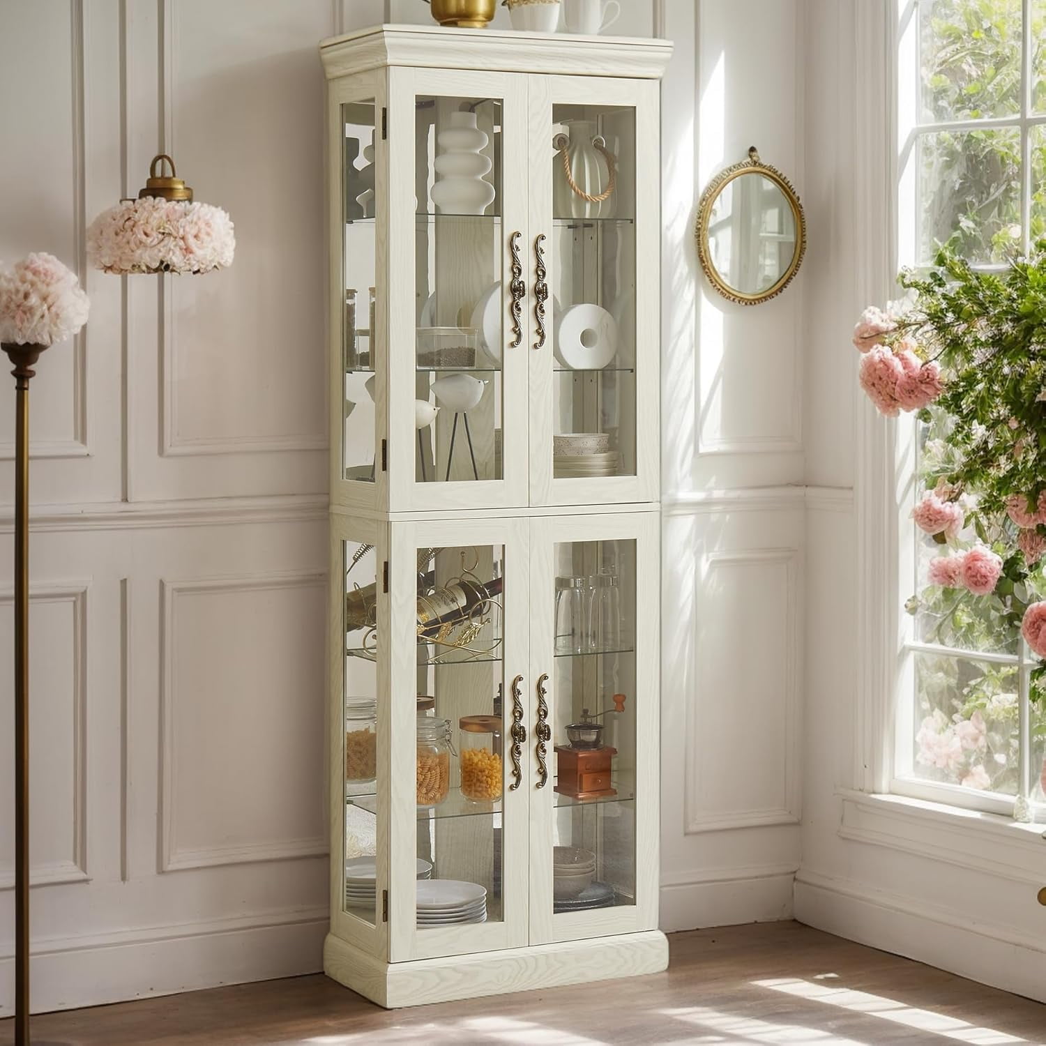 Curio Cabinet 71" Lighted Glass Display Cabinet, Wooden China Cabinet ...