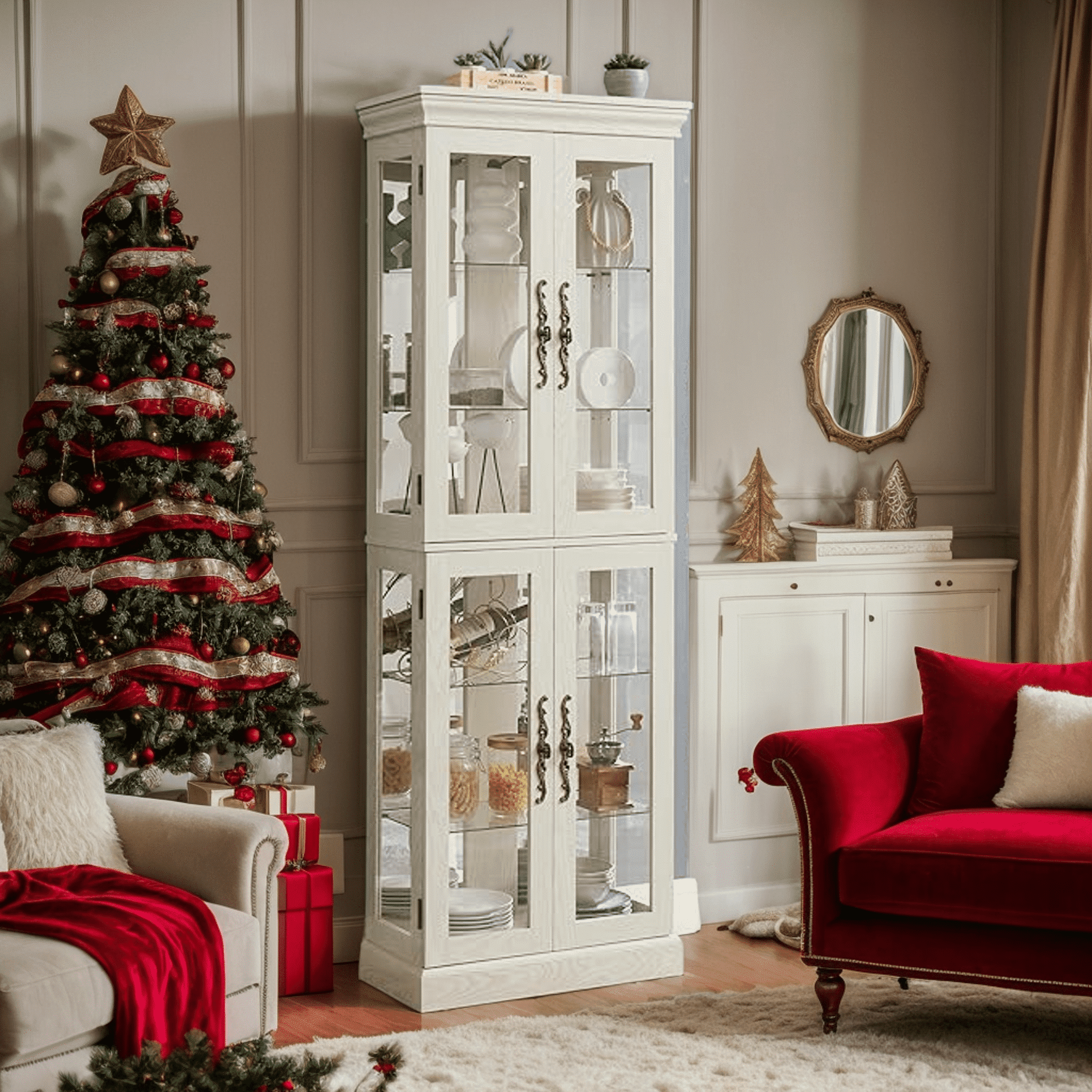 CKEASEAN Lighted Glass Display Cabinet, 71"H Wooden Curio Cabinet with ...