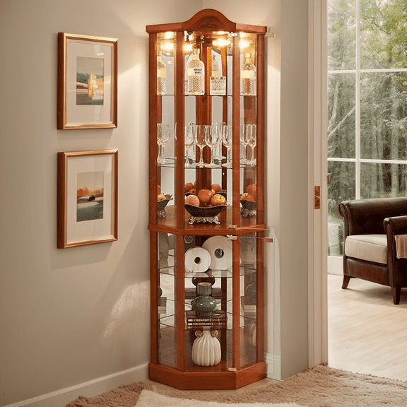 CQSXDA Dark Oak Lighted Display Cabinet with Adjustable Shelves & Built ...