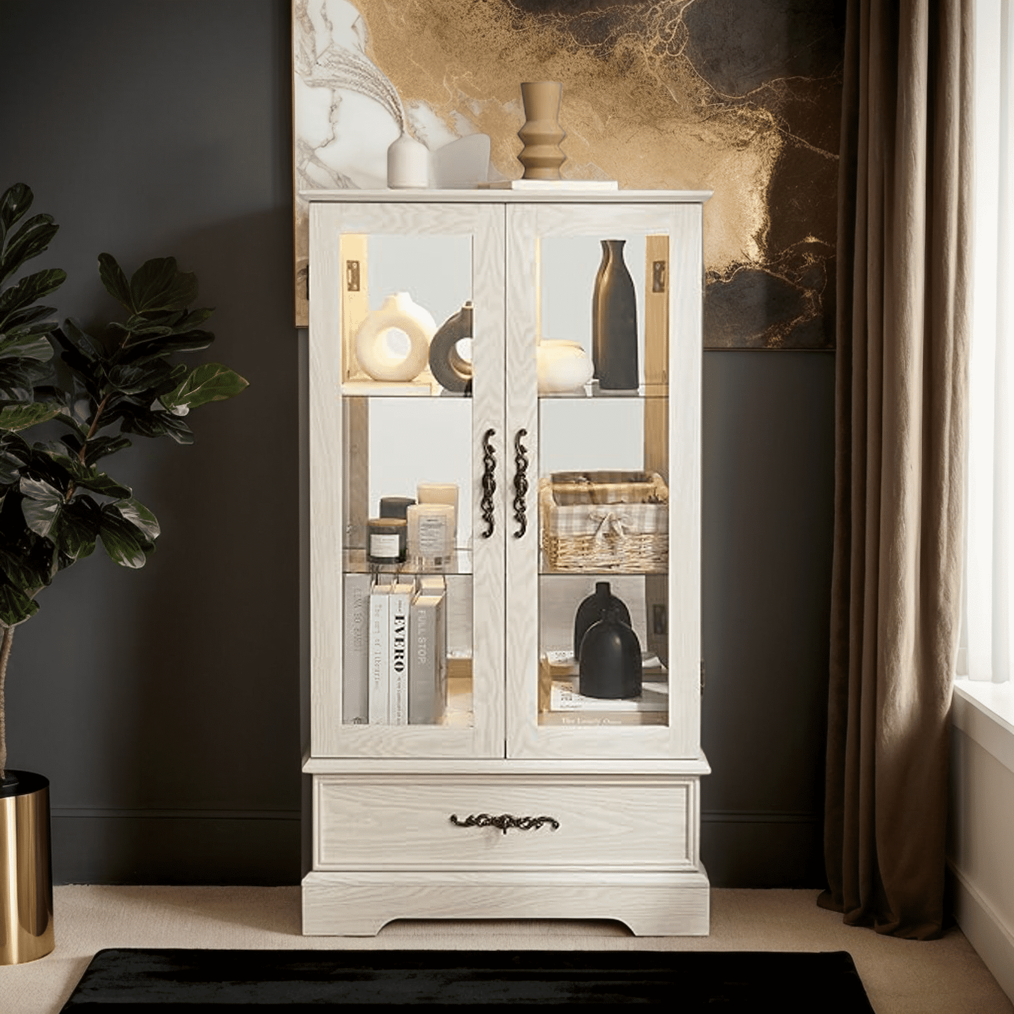 CKEASEAN Lighted Curio Cabinet with Glass shelves, Glass Display ...