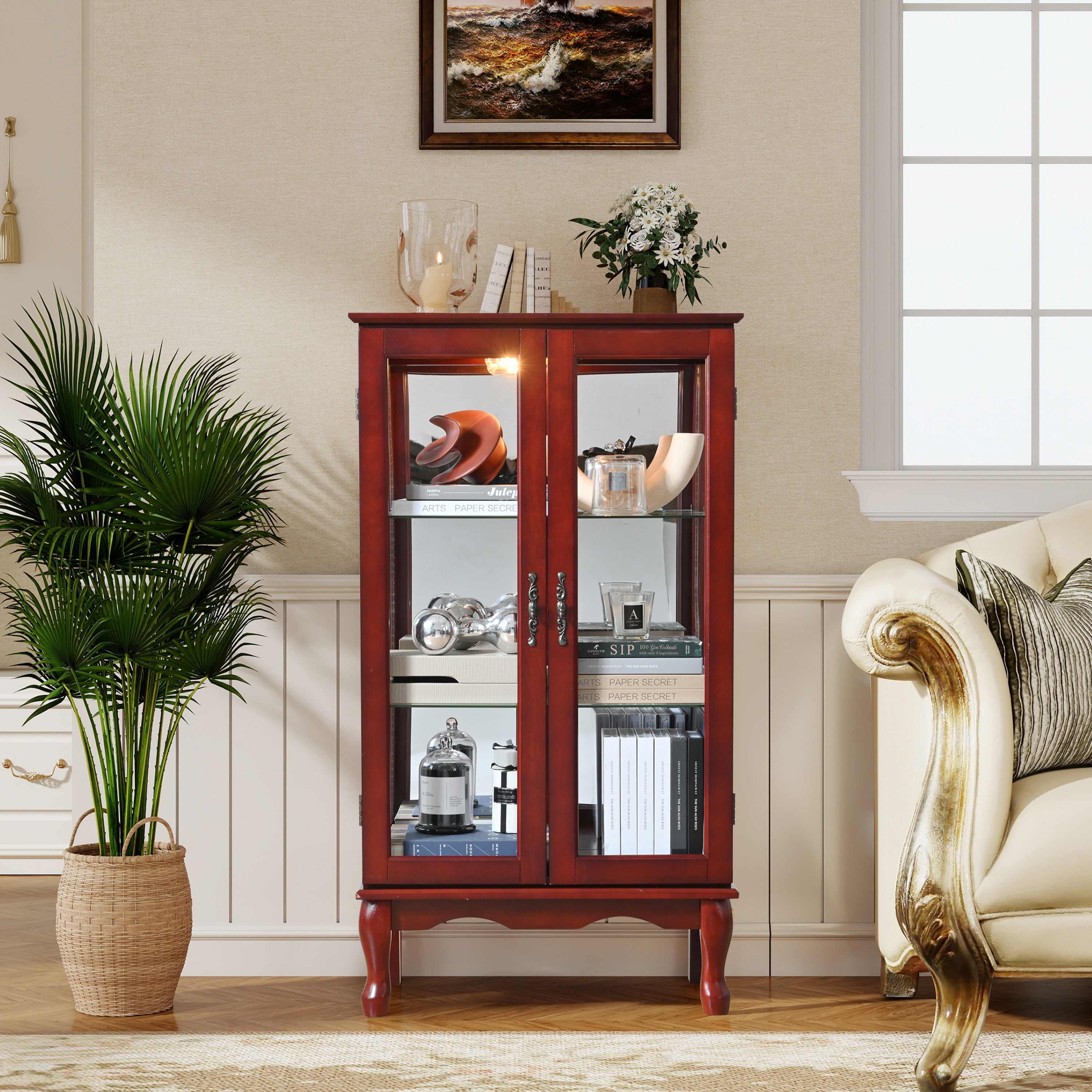Curio Cabinet Lighted Curio Display Cabinet with Adjustable Shelves and ...