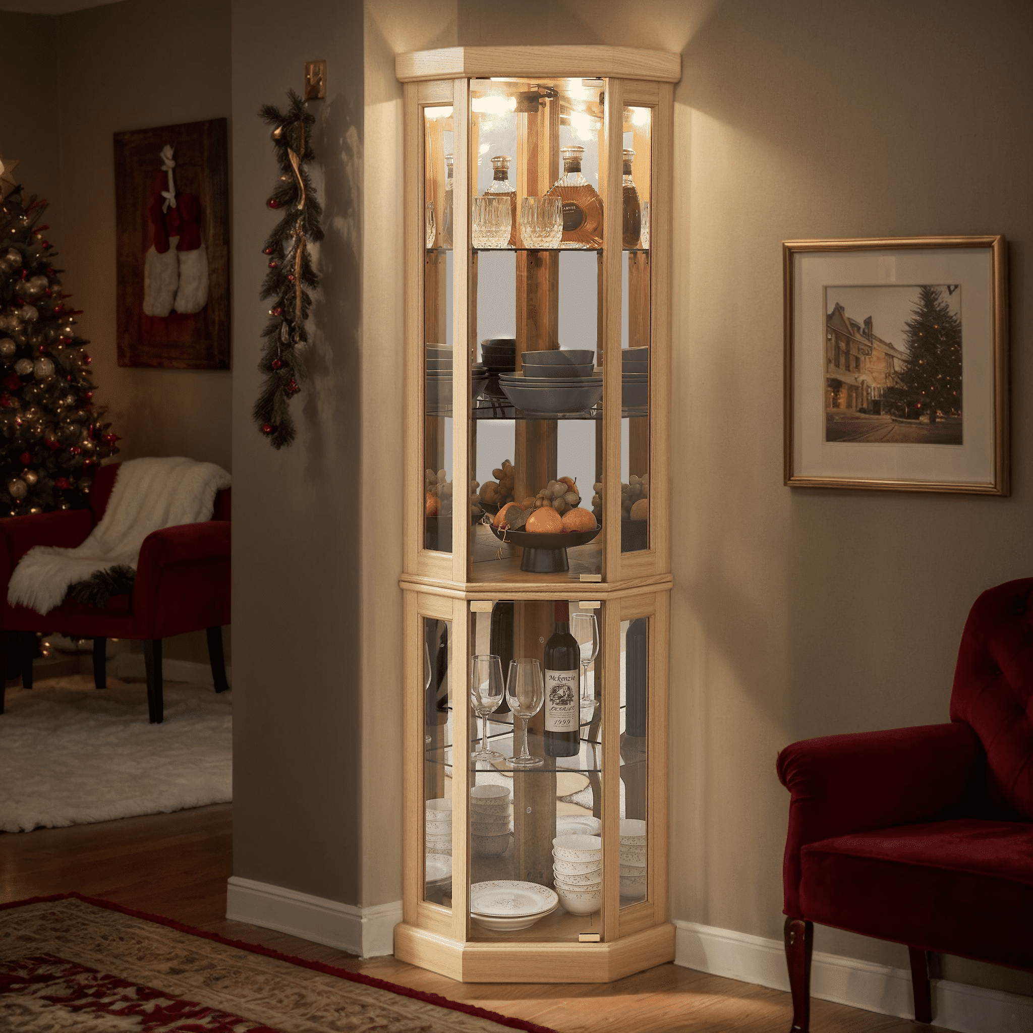 Curio Cabinet Lighted Glass Display Cabinet, Tempered Glass Door and ...