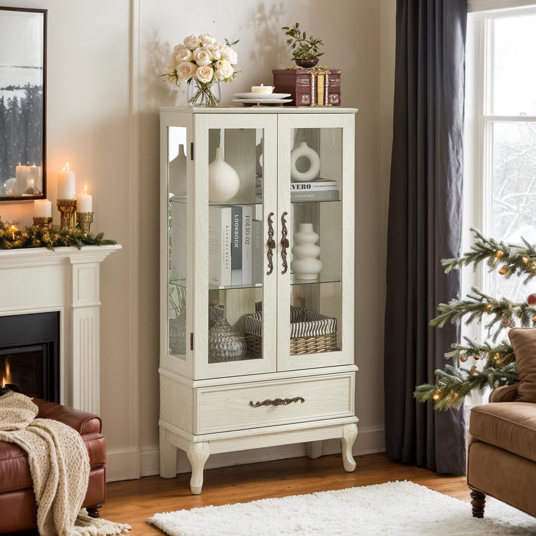 Curio Cabinet with Tempered Glass Doors, 52" H Glass Display Cabinet ...