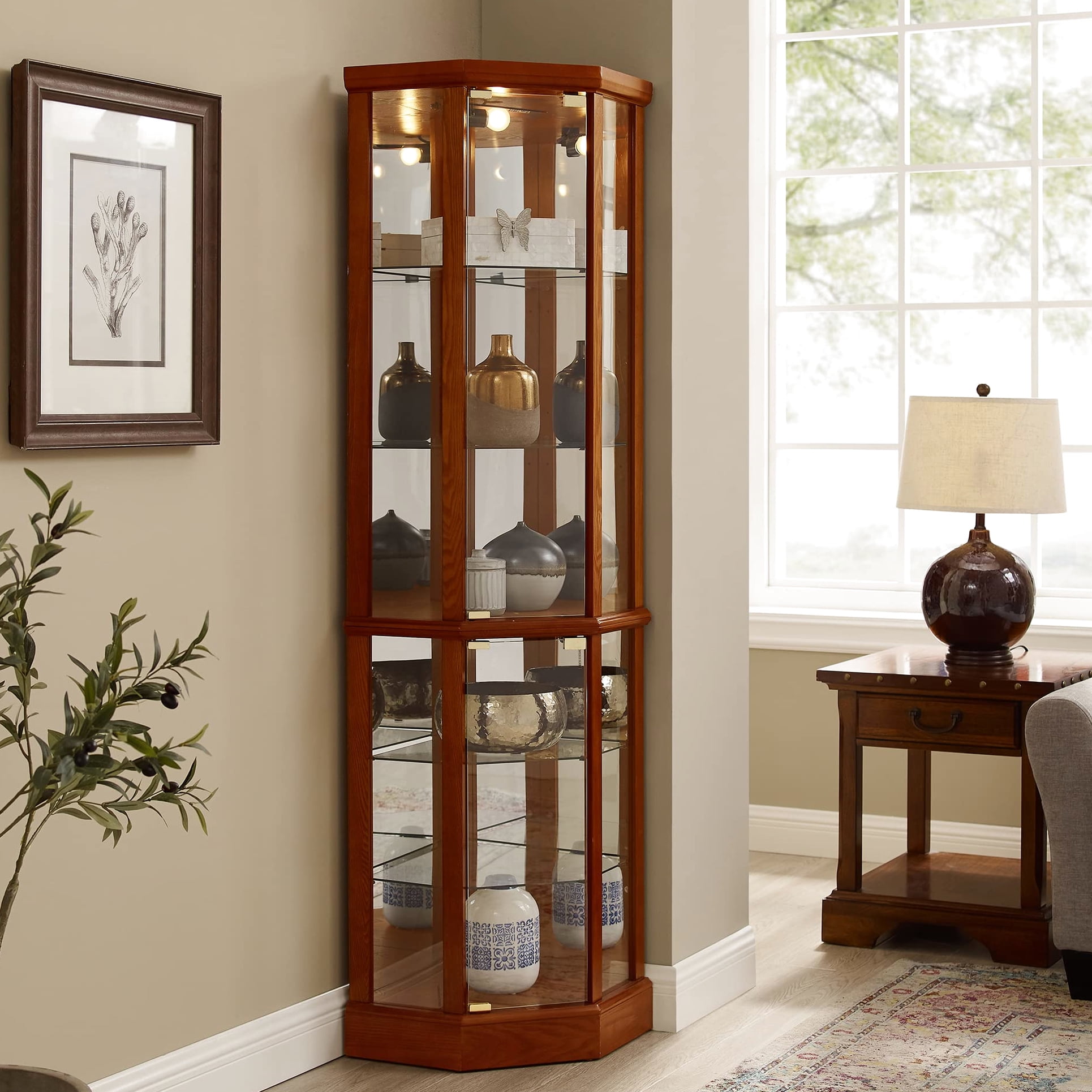 Curio Cabinet With 6 Shelves, Adjustable Glass Mirrored Back, Oak Space ...