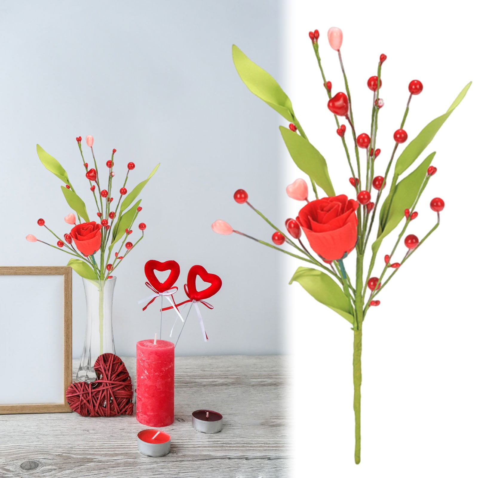 CurioCo Artificial Rose Red Berry Picks Valentines Day Floral Stems ...