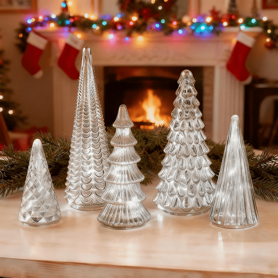 CurioCo Mercury Glass Christmas Tree Set of 5, 2026 New Illuminated ...