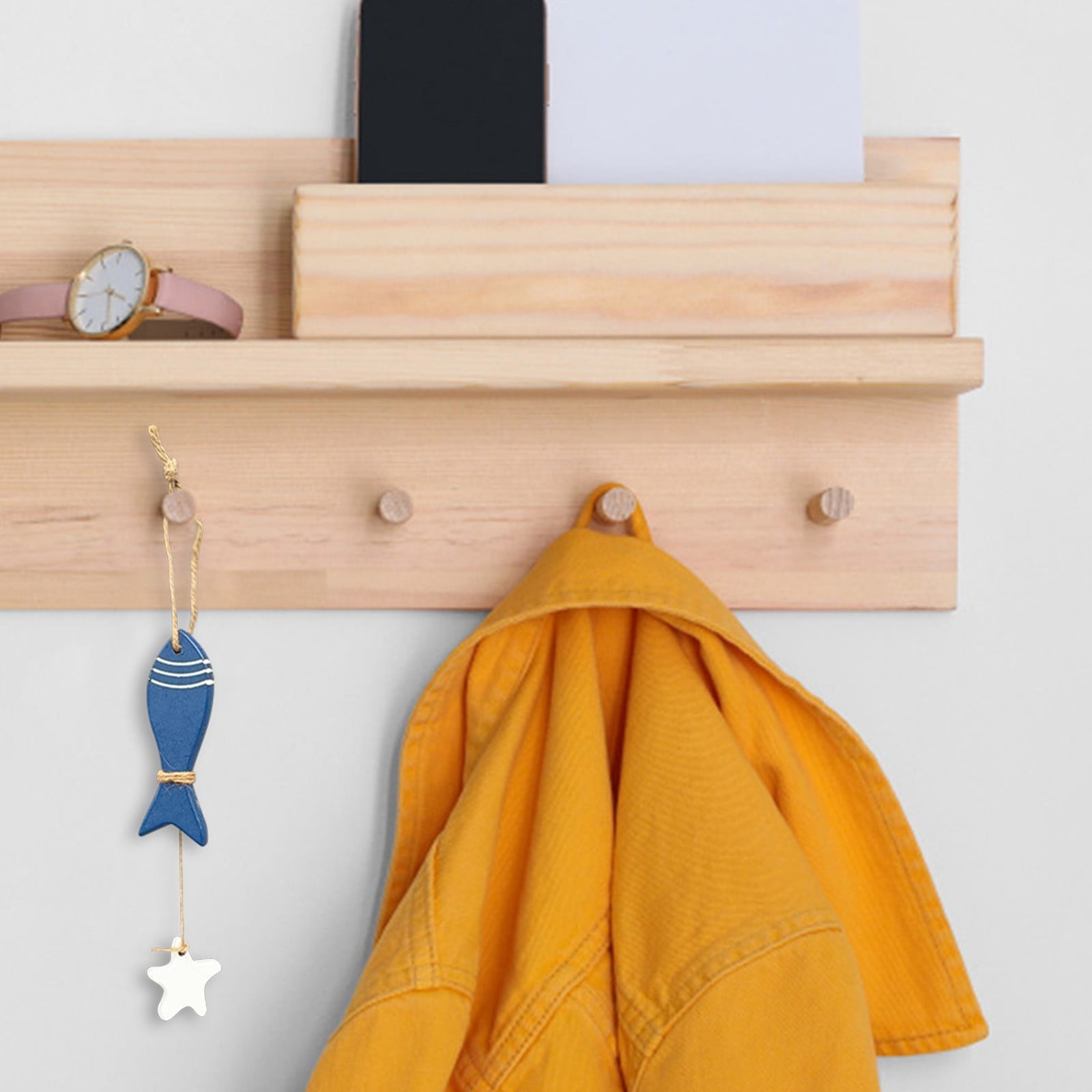 CurioCo Wooden Marine Life Ornament - Coastal Fish Hanging Decor ...