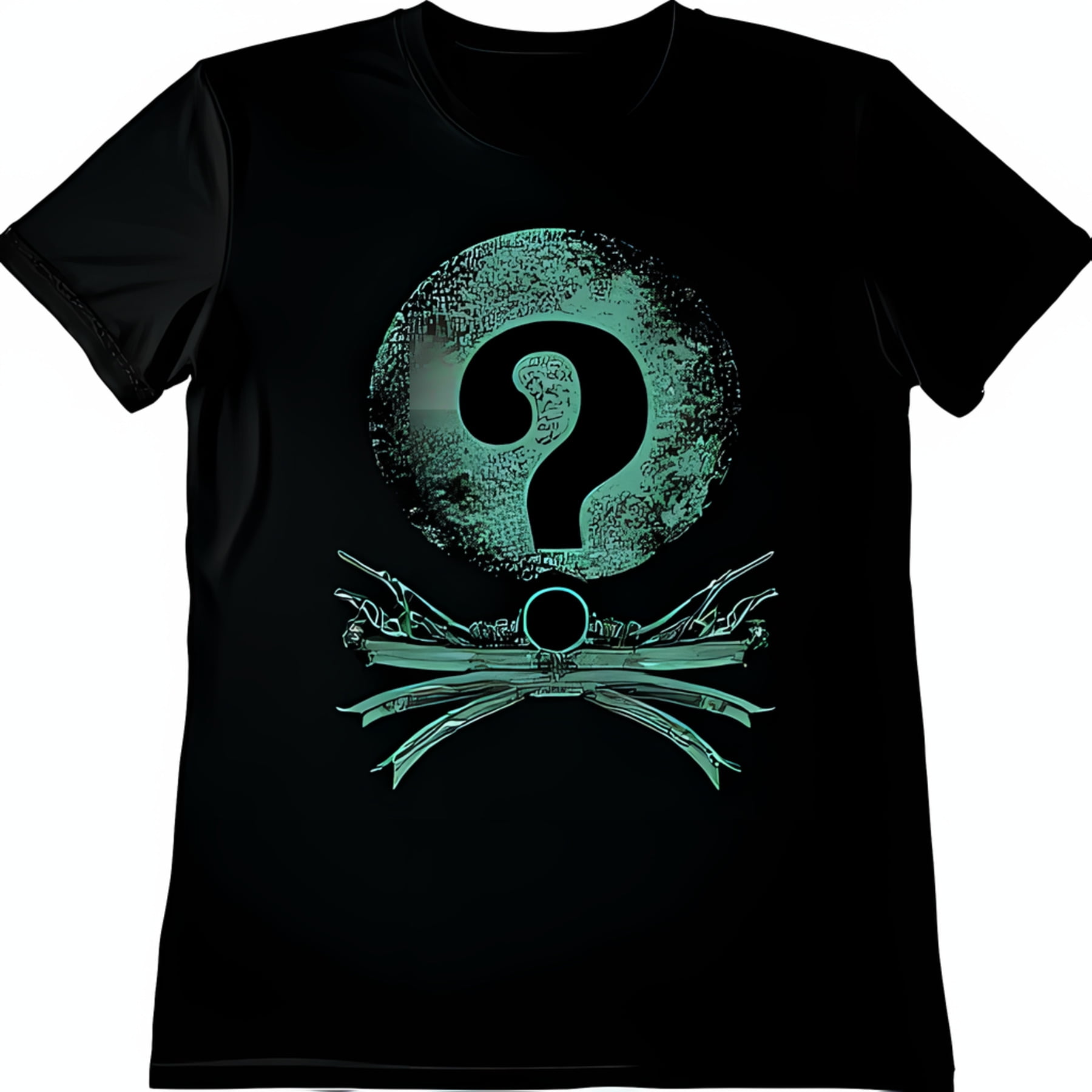 Curious Black T-Shirt with Intricate Circular Question Mark Design ...