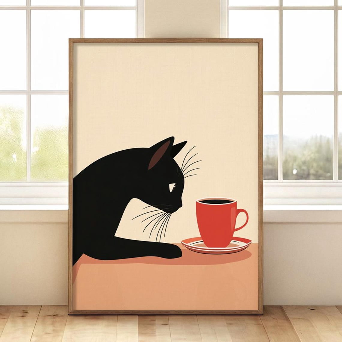 Curious Cat Coffee Black Kitty Cup Artwork modern simple illustration ...