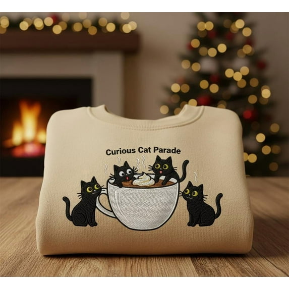 Curious Cat Parade Embroidered Sweatshirt, Cute Black Cat Coffee ...