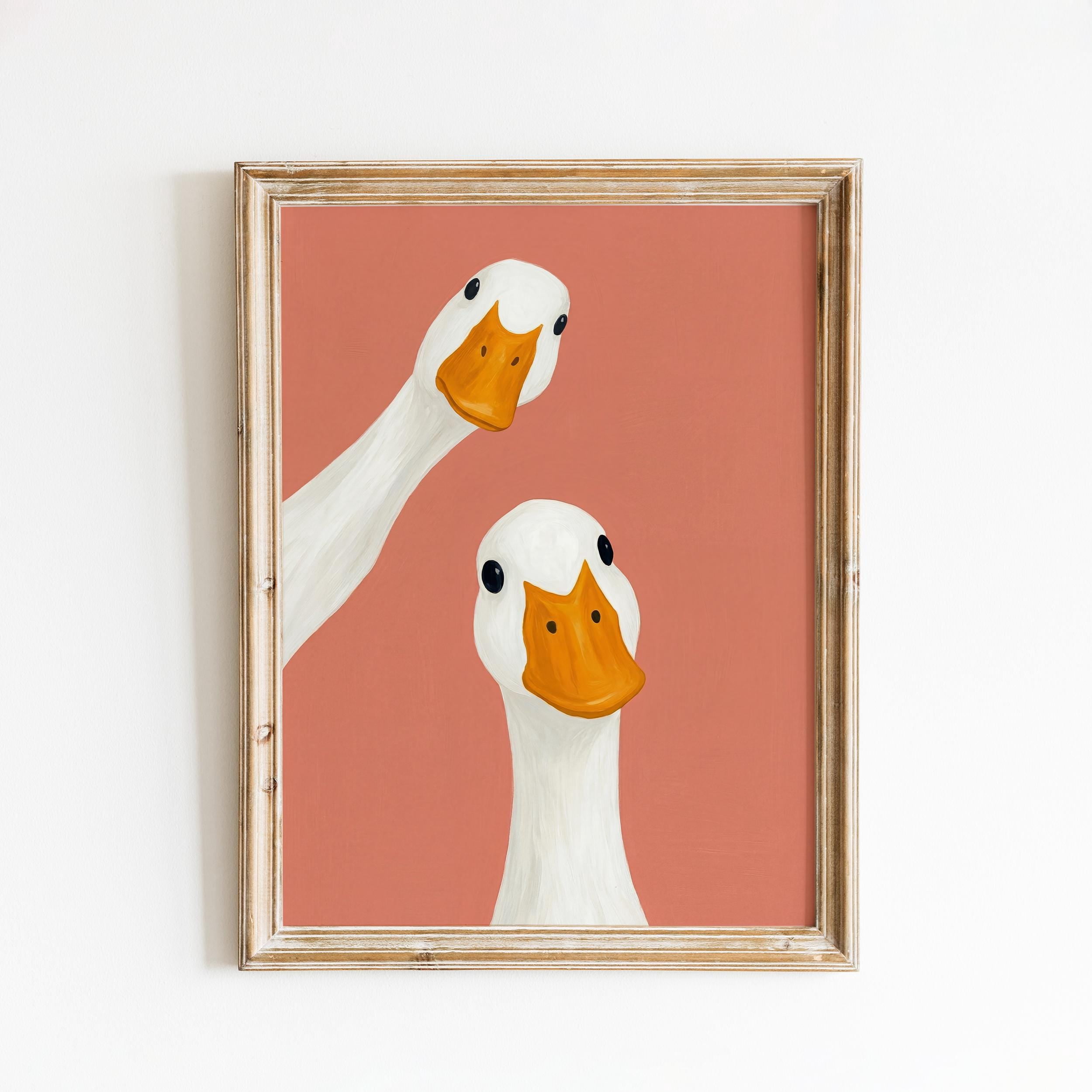 Curious Duck Duo Print, Pink Goose Wall Art, Whimsical Animal Poster ...