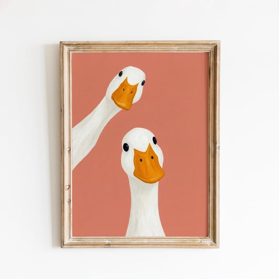 Curious Duck Duo Print, Pink Goose Wall Art, Whimsical Animal Poster ...