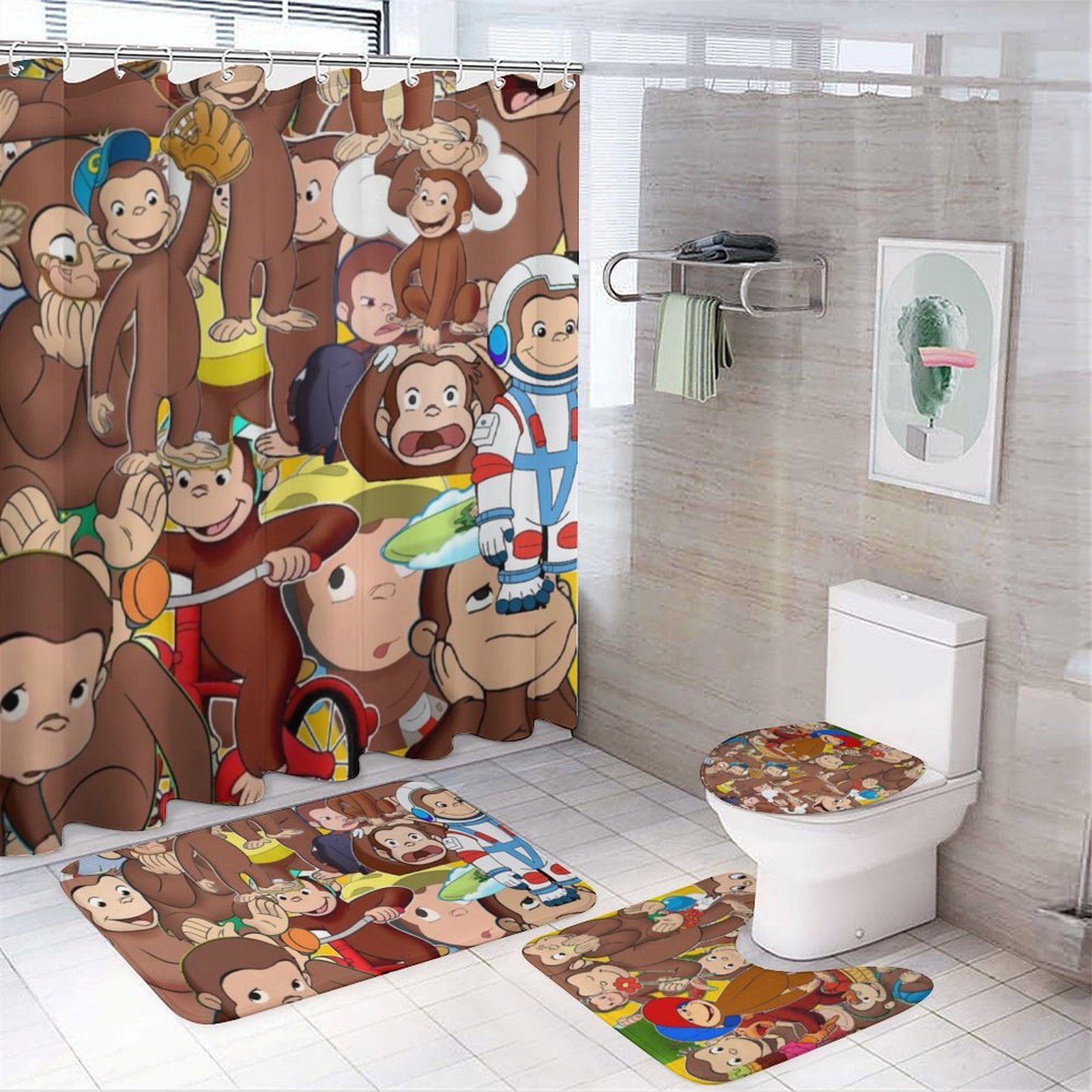Curious George 4 Pcs Shower Curtain Set with Non-Slip Rug, Toilet Lid ...