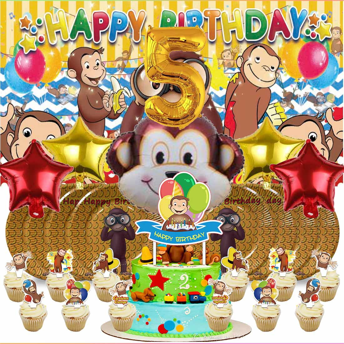 Curious George 5th Tableware Balloons Cake Toppers Backdrop Banner ...