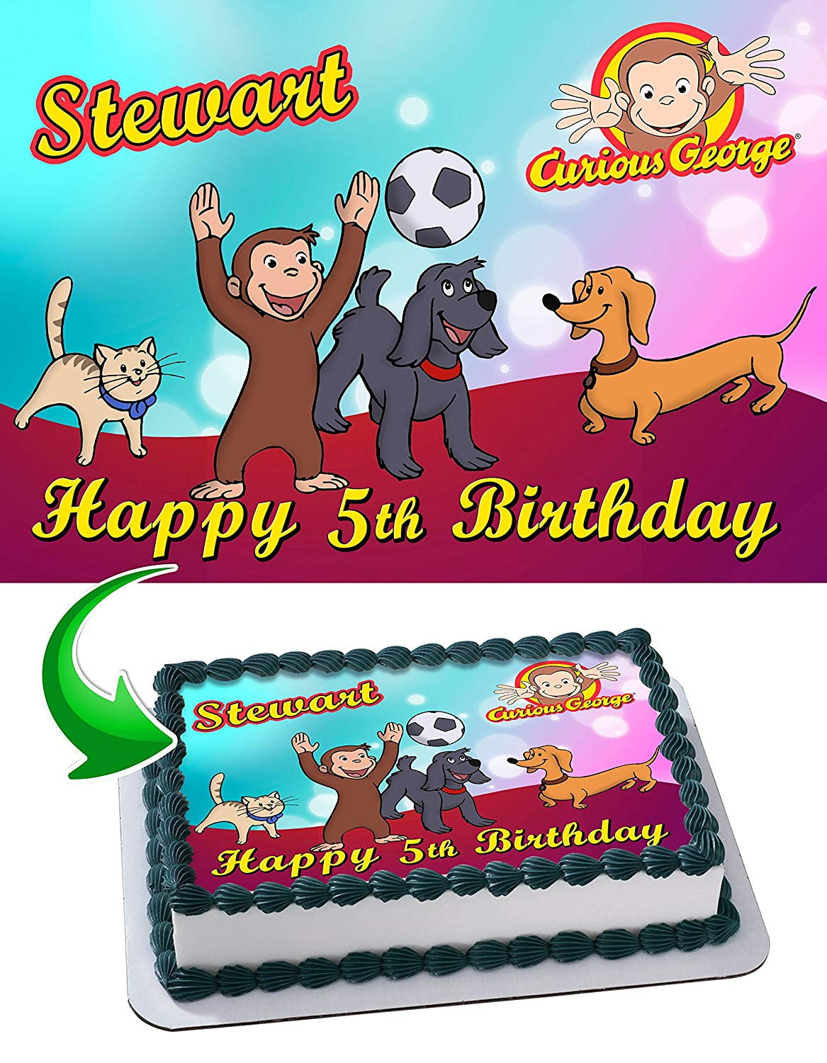 Curious George Edible Cake Image Topper Personalized Picture 1/4 Sheet ...