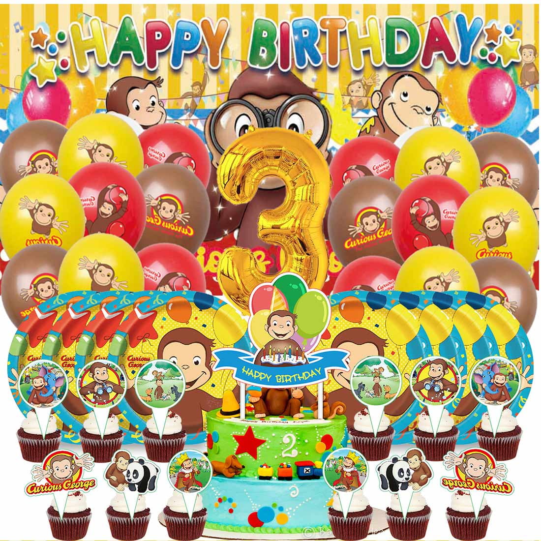 Curious George Monkey Balloons Party Supplies 3rd Decor Tableware Birthday Cake Topper ...