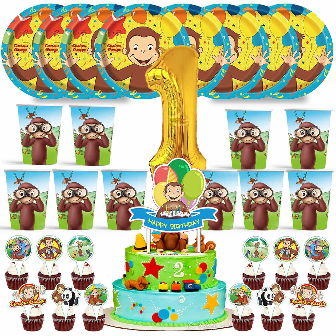 Curious George Monkey Birthday 1st Cups Party Supplies Plates Fans ...