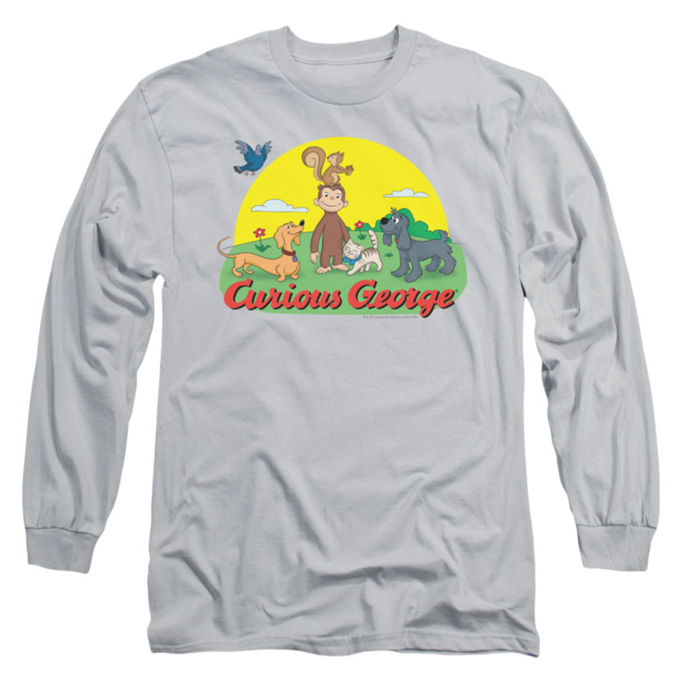 Curious George Sunny Friends Long Sleeve T-Shirt Adult 18/1 Silver ...