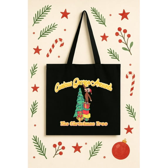 Curious Monkey Around Christmas Tote Bag Tree Holiday Retro Fun Cartoon ...