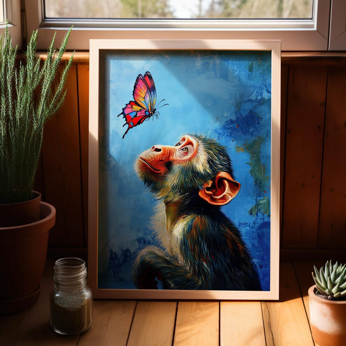 Curious Monkey Butterfly Wall Art Whimsical Nature Decor, Unframed ...