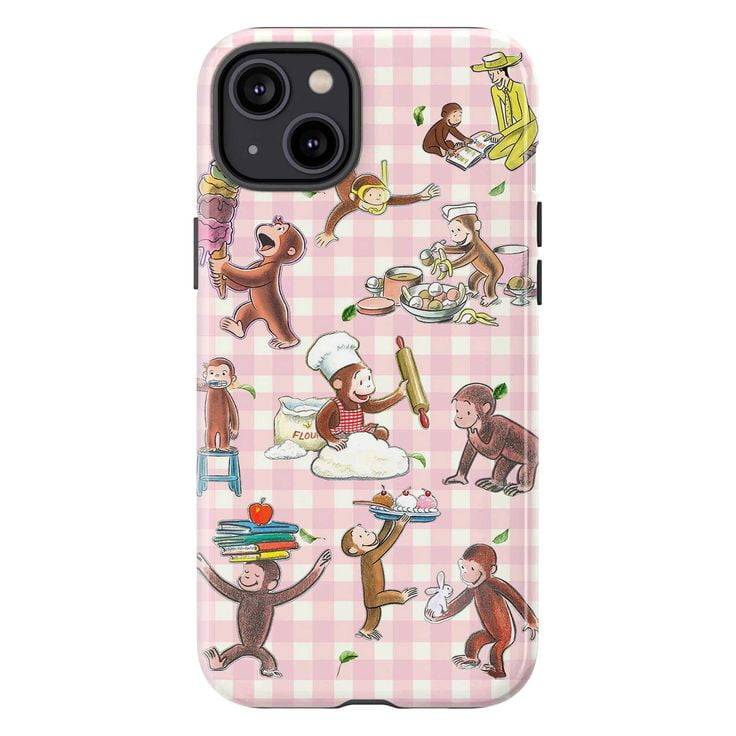 Curious Monkey Pink Gingham Phone Case, Whimsical Vintage Baking ...