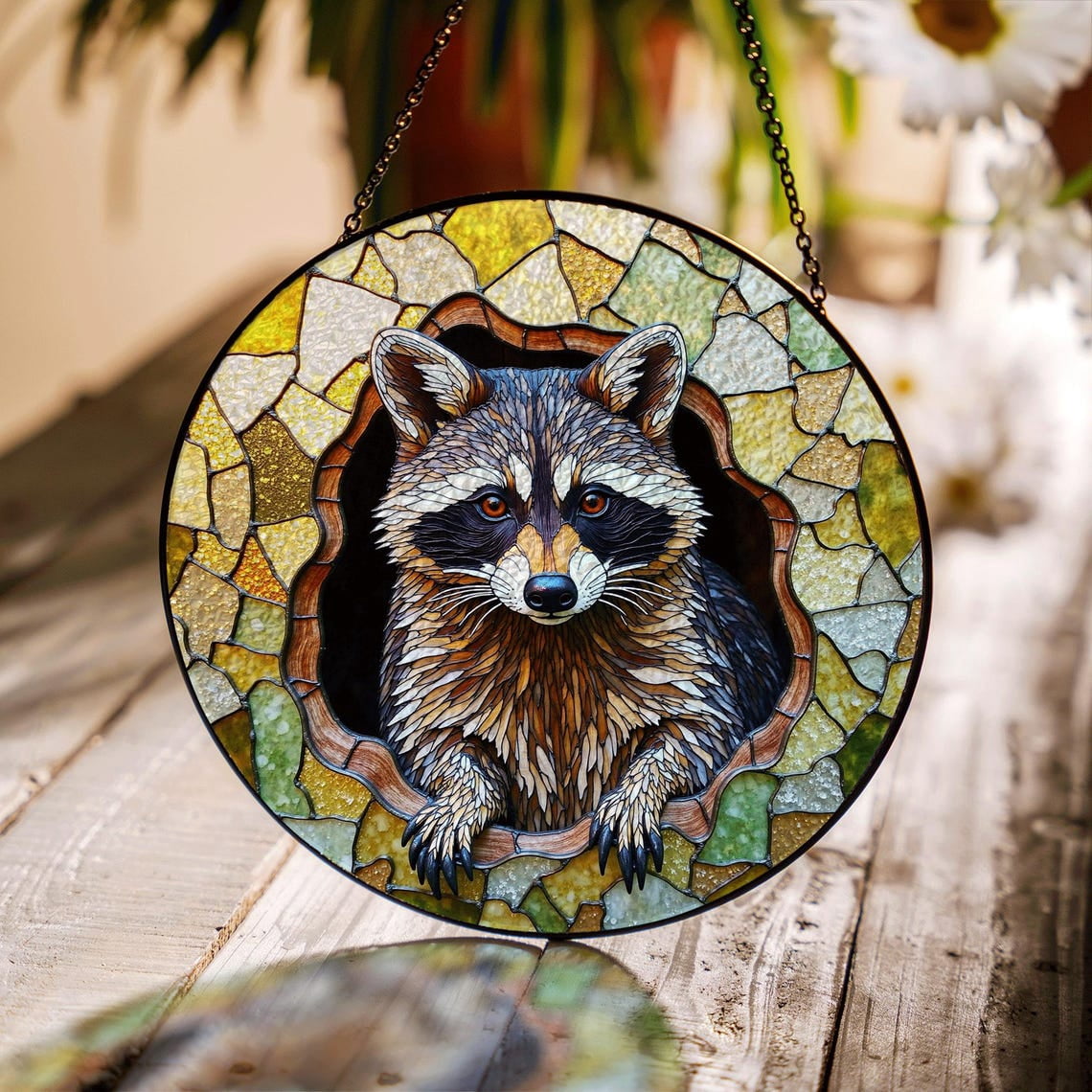 Curious Raccoon Window Art Glass Suncatcher, Woodland Decor, 3.5 in ...
