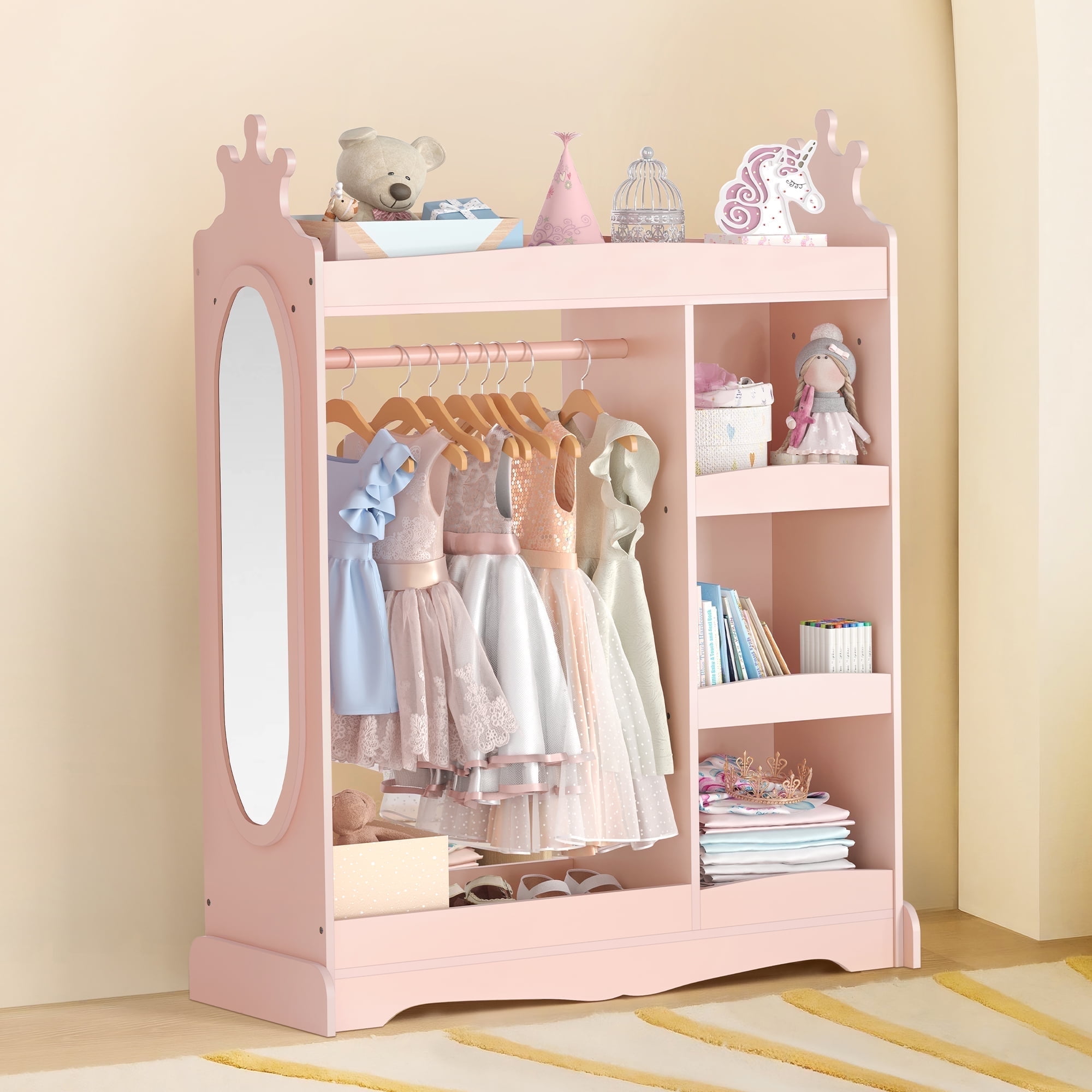 Curipeer Kids Dress Up Storage with Mirror, Pink Armoire Wardrobe ...