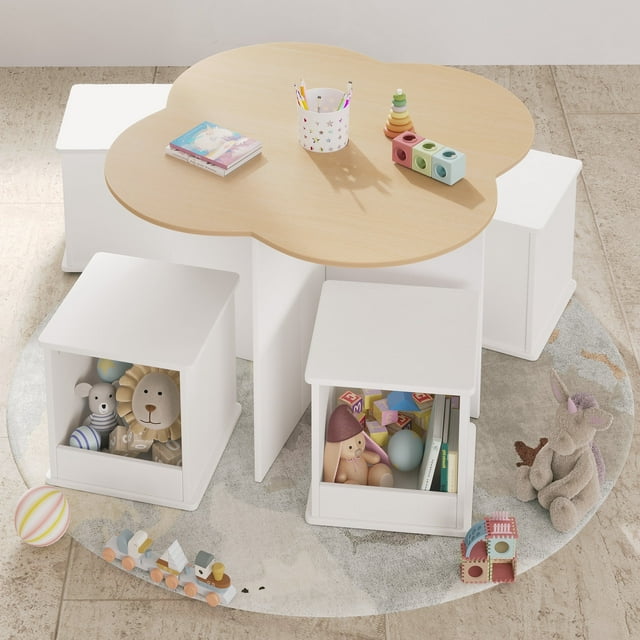 Curipeer Nesting Design Kids Table and Chair Set with 4 Square Storage Stools (Natural / White ...