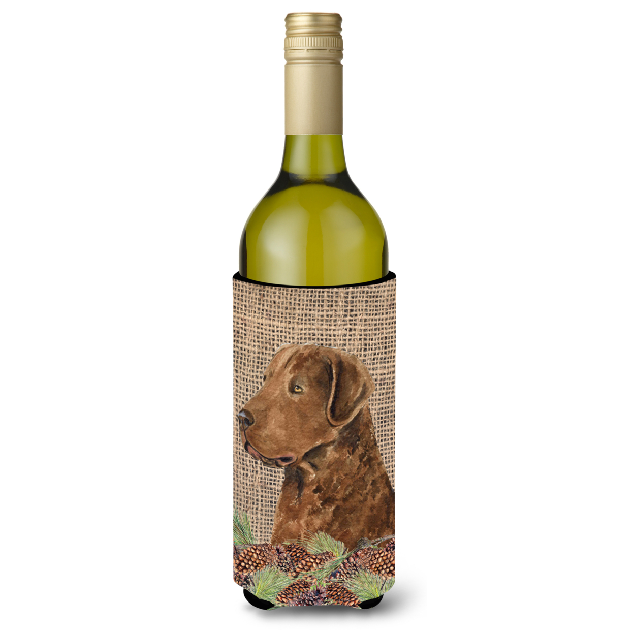 Curly Coated Retriever on Faux Burlap with Pine Cones Wine Bottle ...