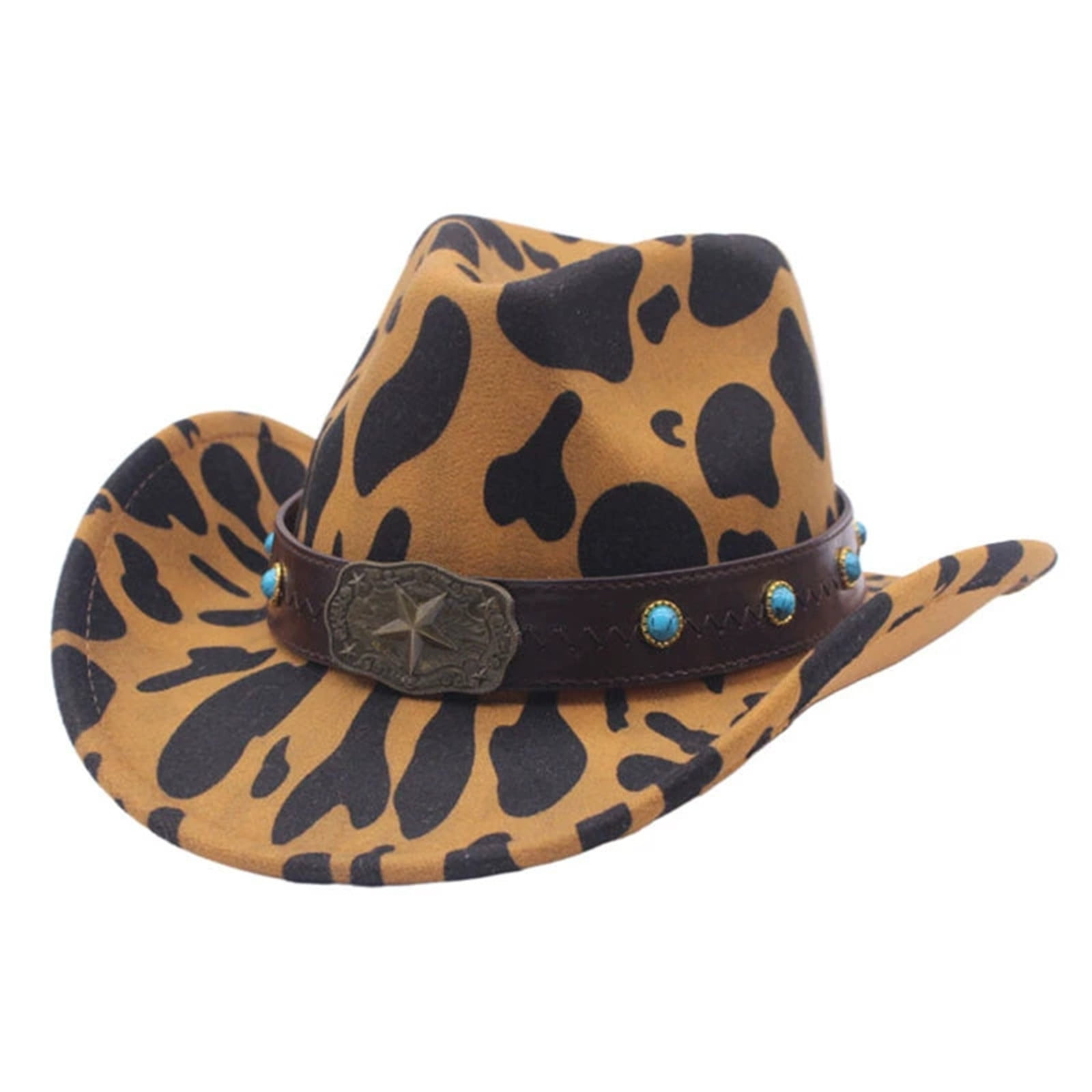 Celivon Curly Cowboy Hat Thickened Cow Pattern Print Western Vintage ...